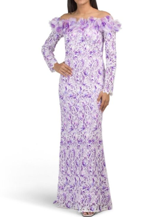 Tadashi Shoji | Dresses | Tadashi Shoji Off The Shoulder 3d Embroidered ...